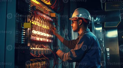 Electrician Engineer Checking Electric Current Voltage At Circuit