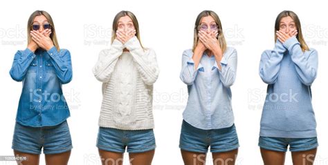 흰색 절연된 Backgroud 입 실수에 대 한 손으로 다루는 충격 을된 통해 보이는 캐주얼을 입고 금발의 아름 다운 여 자가 콜라주 비밀 개념입니다 가리기에 대한 스톡