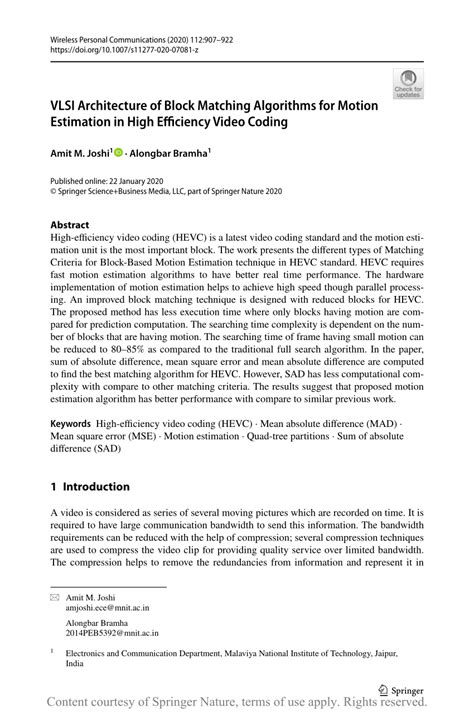 Vlsi Architecture Of Block Matching Algorithms For Motion Estimation In