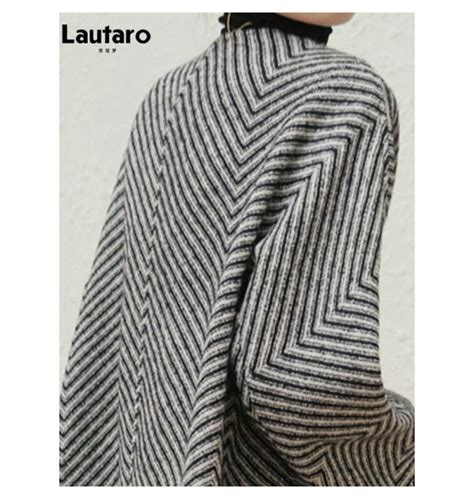 캐시미어 숏코트 롱코트 에이라인 망토 코트 니트 여성용 검은색 및 흰색 지그재그 패턴 모직 허리띠가 있는 루즈핏 우아한 스타일 런웨이룩 패션 가을용 겨울용 티몬