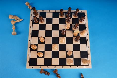 체스판에 흰색과 검은 색 나무 조각 파란색 배경에 게임 중에 설정 된 체스 보드 결정에 대한 스톡 사진 및 기타 이미지 결정 경기 스포츠 경쟁 Istock