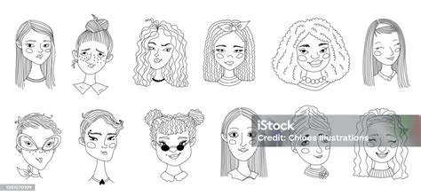 윤곽선 아트에서 다양한 여성의 초상화가 있는 모든 사람들의 아름다운 낙서 일러스트레이션 잉크 펜으로 흑백 핸드그린 아트 여성 만화 캐릭터와 독특한 페미니즘 선형 그리기