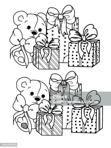 두 개의 벡터 그림 세 가지 선물과 부드러운 장난감 곰 배경이없는 어린이를위한 색칠 공부 책 새해 다섯 가지 차이점을 찾으십시오