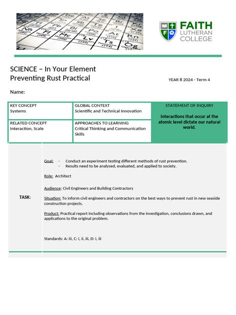 2024 Summative Practical Preventing Rust Assessment Task Notes Pdf