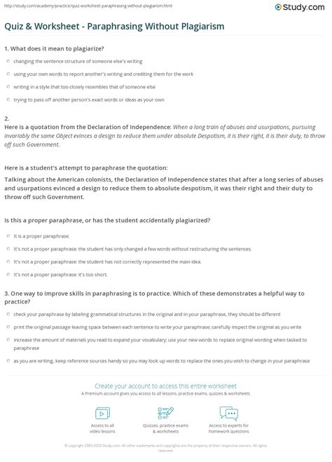 Quiz And Worksheet Paraphrasing Without Plagiarism