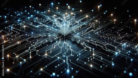 digital deep learning circuits glowing neural network and data flow