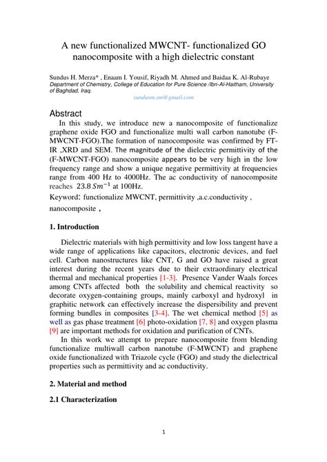 Pdf A New Functionalized Mwcnt Functionalized Go Nanocomposite With A High Dielectric Constant