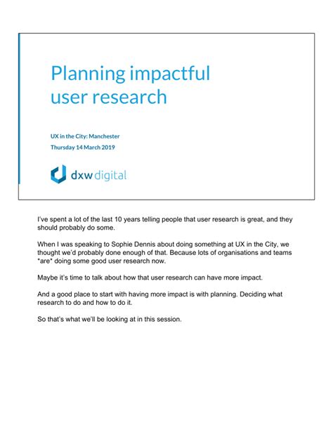 Pdf Planning Impactful User Research Ux In The City Manchester Pdf