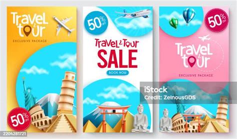 여행 프로모션 벡터 포스터 세트입니다 여행 투어 판매 텍스트 모음 전 세계 관광지와 함께 독점 패키지 할인 가격에 대한 스톡 벡터 아트 및 기타 이미지 Istock