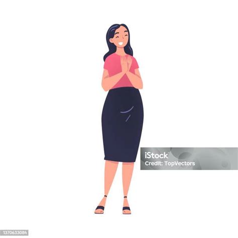 여자 캐릭터 서 서 박수 와 박 수 제스처 벡터 일러스트로 그의 손을 박수 감탄에 대한 스톡 벡터 아트 및 기타 이미지 감탄