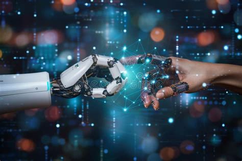 Human And Robot Hands Touching On A Complex Big Data Network Connection Background Stock