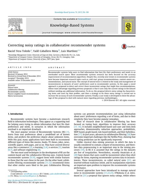 Correcting Noisy Ratings In Collaborative Recommender Systems Pdf Information Technology
