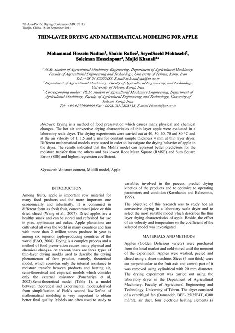 Pdf Thin Layer Drying And Mathematical Modeling For Apple
