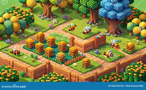 Isometric Pixel Art Scene Of A Tiny Honey Bee Garden Buzzing With Life And Movement Royalty Free