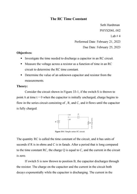 206l Rc Time Constant The Rc Time Constant Seth Hardtman Phys206l Lab 4 Performed Date
