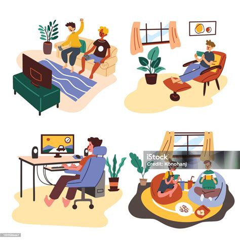 집에서 와 자신의 방에 무료 시간에 게임 콘솔 모바일 게임 핸드 헬드 게임 및 컴퓨터 게임을 행복한 사람들의 세트는 자신의 방에 평면 벡터 일러스트 아이들은 비디오 게임과