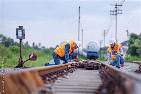 Railway Workers Performing Track Maintenance Safety Inspection Rail