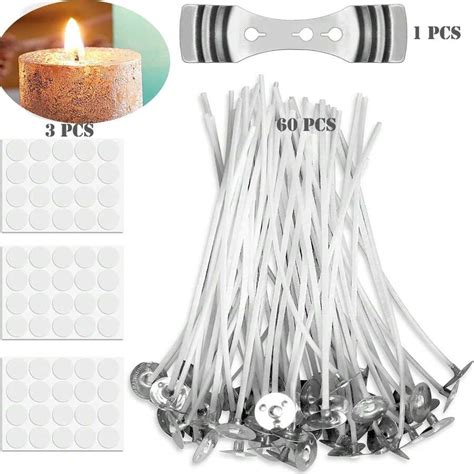 60 Pcs Waxed Candle Wicks Set With 3 Pcs Candle Wick Stickers And 1 Pc