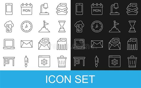 Set Line Trash Can Paper Shredder Old Hourglass Table Lamp Clock Cloud Database Mobile