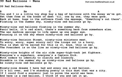 Song Red Balloons By Nena Song Lyric For Vocal Performance Plus Accompaniment Chords For