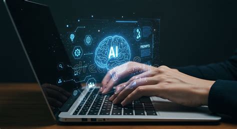 Hands Typing On A Laptop Keyboard With Digital Overlays A Glowing Holographic Stock