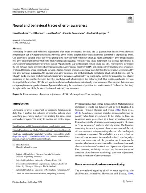 Pdf Neural And Behavioral Traces Of Error Awareness