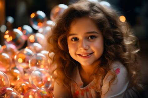 Premium Photo Young Girl Smiles As She Sits In Front Of Bubbles