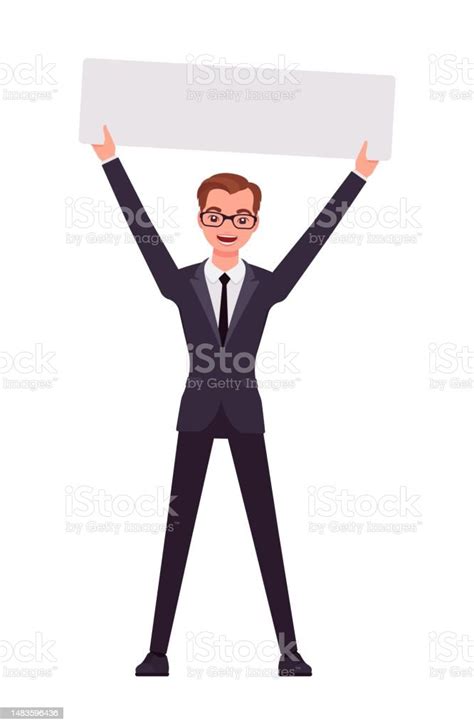 기업가 사업가 남성 비즈니스 보조원 빈 배너를 가진 공식적인 남자 경영자에 대한 스톡 벡터 아트 및 기타 이미지 경영자 교사 교육 관련 직업 기업 비즈니스 Istock