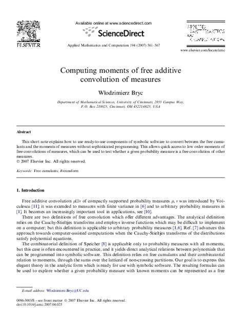 Pdf Computing Moments Of Free Additive Convolution Of Measures