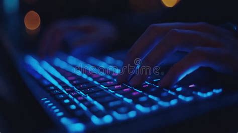 Close Up Of Hands Typing On A Backlit Keyboard In A Dark Room Stock Image Image Of Desk Work