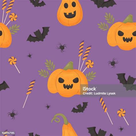 할로윈 박쥐 호박 잭 오 랜턴 보라색 배경에 사탕이 있는 매끄러운 패턴 축제 디자인 포장 벽지 직물을 위한 벡터 그림 보라색 배경에 대한 스톡 벡터 아트 및 기타 이미지