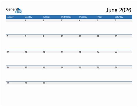 Blank June 2026 Calendar