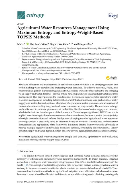Pdf Agricultural Water Resources Management Using Maximum Entropy And Entropy Weight Based