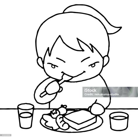Clip Art Of A Girl Eating Breakfast Stock Illustration Download Image