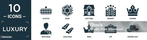 채워진 고급 아이콘 세트입니다 플랫 클러치 루비 코티지 리조트 크라운 부자 골드 바 킹 Vip 페도라 모자 아이콘을 편집 가능한 형식으로 포함합니다 건축에 대한 스톡 벡터