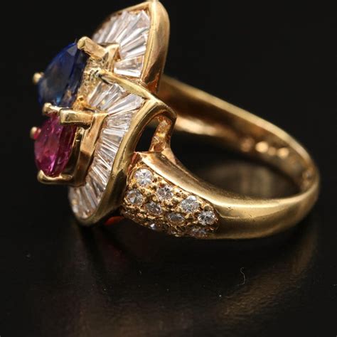 Customizable Antique Pear Cut Sapphire Ruby Engagement Ring Yellow Gold Diamond Cocktail Ring