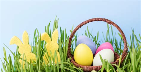 부활절 카드 녹색 잔디에 바구니에 색깔 파스텔 색깔의 계란 부활절 토끼의 실루엣 옆에 파란색 배경에 배너 복사 공간 0명에 대한 스톡 사진 및 기타 이미지 Istock