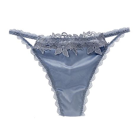 Buyisi Women Sexy Shiny Satin Lace Knickers Thongs Panties Ladies Seamless Underwear M Gray Blue