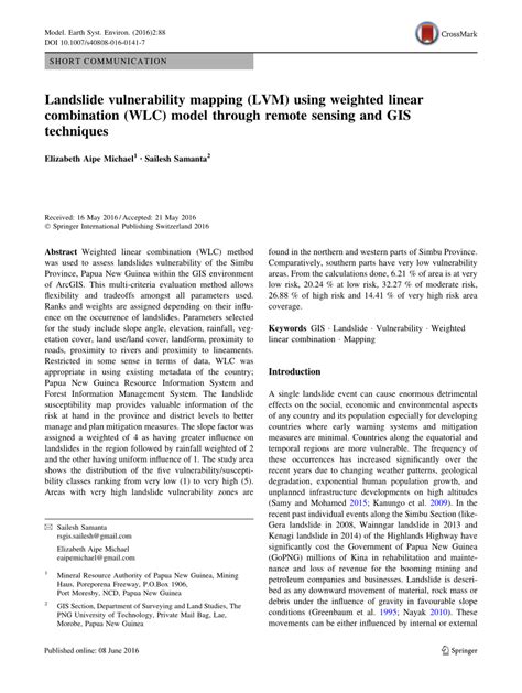 Pdf Landslide Vulnerability Mapping Lvm Using Weighted Linear