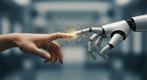 Human And Ai Robot Hands Creating A Golden Spark Stock Illustration