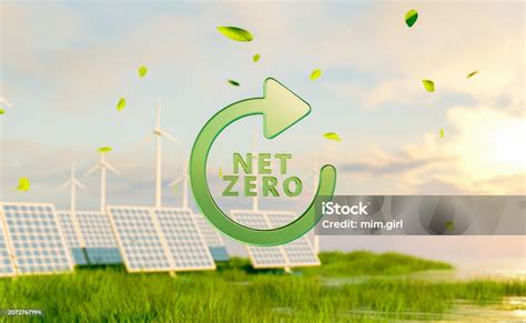 Netzero Emission 기호와 녹색 잎 와 태양 전지판 와 터빈 배경 탄소 중립 개념 3d 렌더링 연료 및 전력 생산에 대한 스톡 사진 및 기타 이미지 Istock