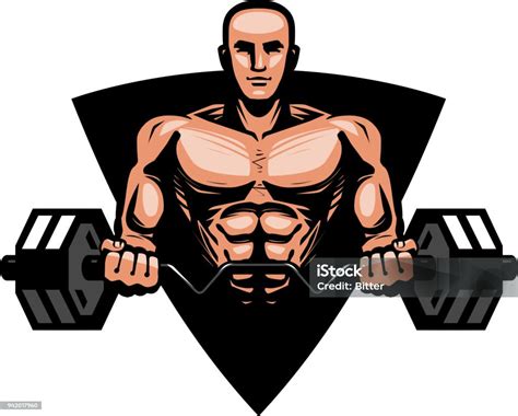 체육관 보디 빌딩 피트 니스 아이콘 또는 레이블입니다 근육 질의 남자 나 무거운 바 벨을 들고 하는 보디입니다 벡터 일러스트 레이 션 개념에 대한 스톡 벡터 아트 및 기타