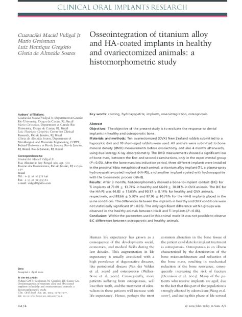 Pdf Osseointegration Of Titanium Alloy And Ha Coated Implants In Healthy And Ovariectomized