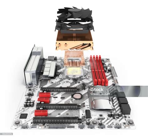 마더보드를 과열 하는 Cpu의 프로세서와 시스템 Solated 흰색 배경 3d 렌더링에 냉각 완료 Cpu에 대한 스톡 사진 및