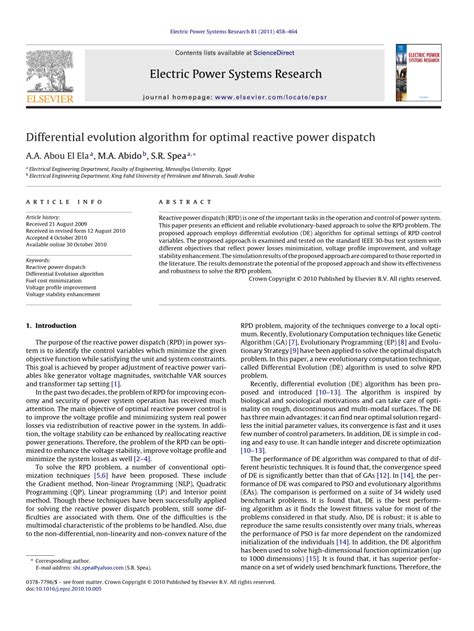 Pdf Differential Evolution Algorithm For Optimal Reactive Power Dispatch