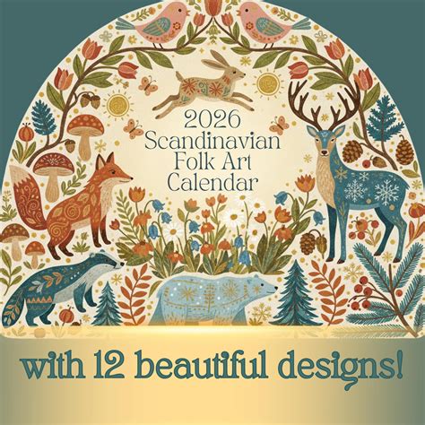 Scandinavian Hygge Wall Calendar 12 Month Nordic Folk Art Home