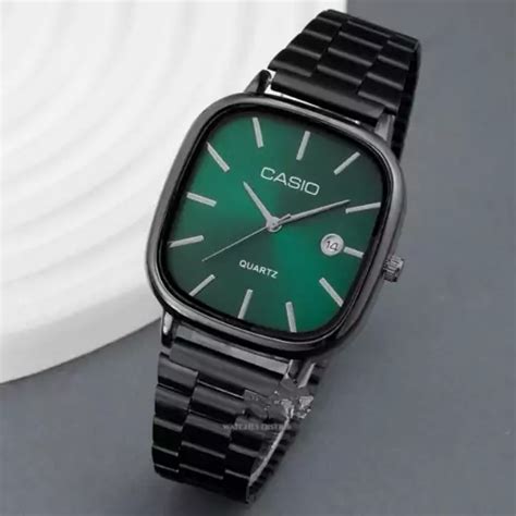 خرید و قیمت ساعت مچی زنانه کاسیو صفحه مربعی سبز تیره بندمشکی استیل شیک