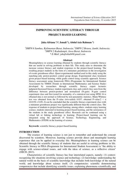 Pdf Improving Scientific Literacy Through Project Based Learning