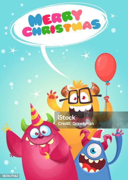 다른 얼굴 표정으로 설정된 만화 행복한 괴물 메리 크리스마스 파티 초대장 또는 포스터 새해 휴일 디자인입니다 벡터 일러스트 레이