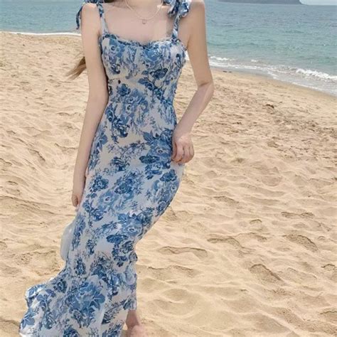 어깨 리본 블루 플라워 롱 원피스 썬드레스 휴양지 신혼여행 휴가 데일리 사이즈다양 M XL
